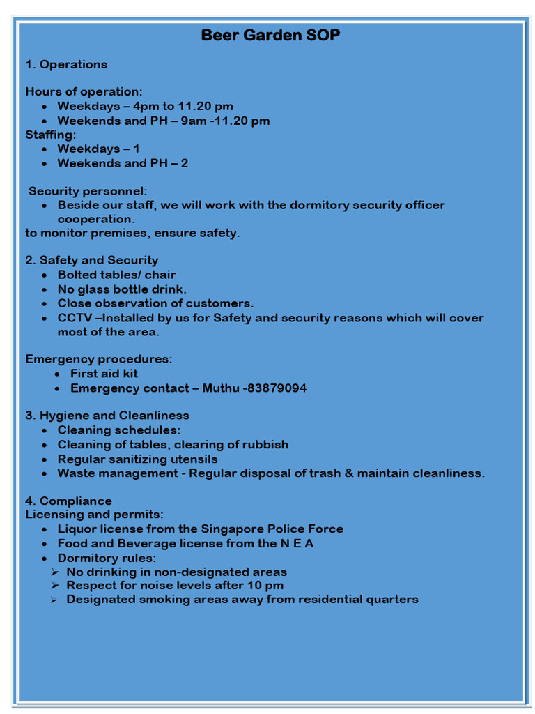 Beer Garden Operations and Safety SOP | PDF