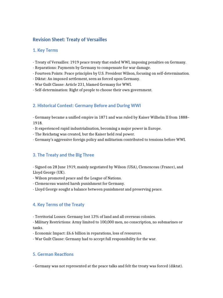 Treaty of Versailles Revision Sheet | PDF