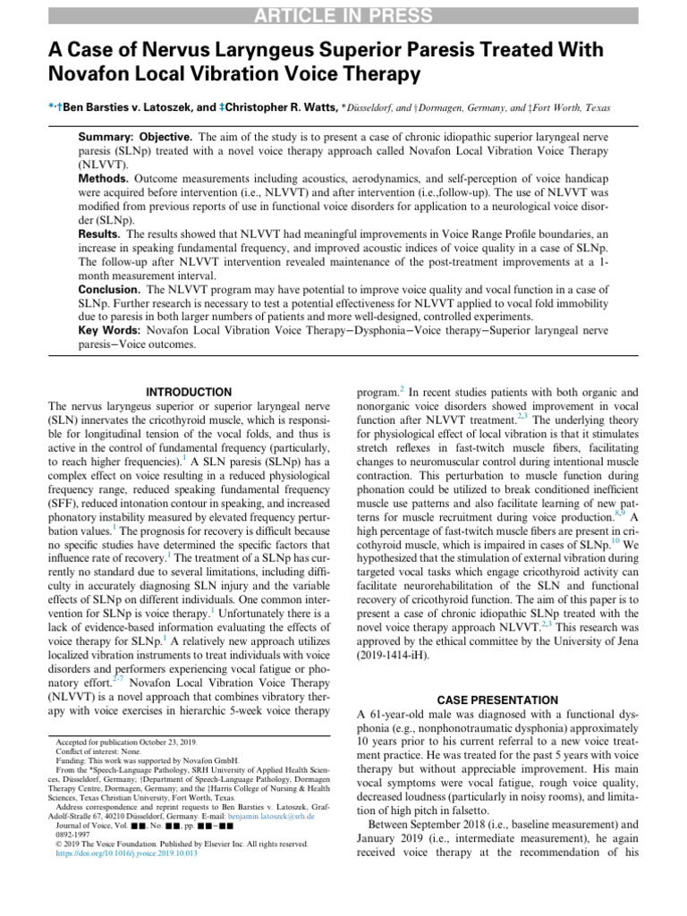 Novafon Therapy for Laryngeal Nerve Paresis | PDF | Human Voice | Larynx