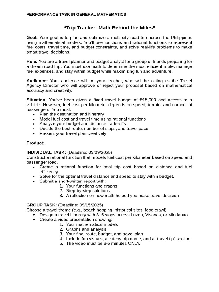 Grade 5 Math Performance Task: Trip Tracker | PDF | Mathematics ...