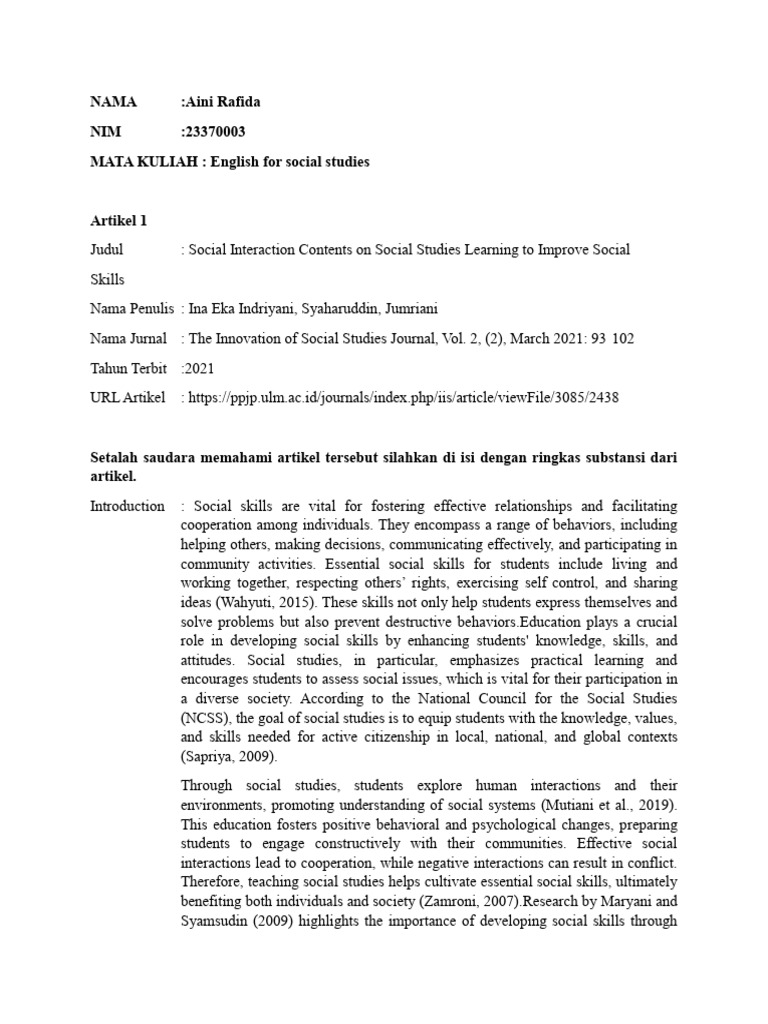 Social Skills in Social Studies Education | PDF | Learning | Cognition