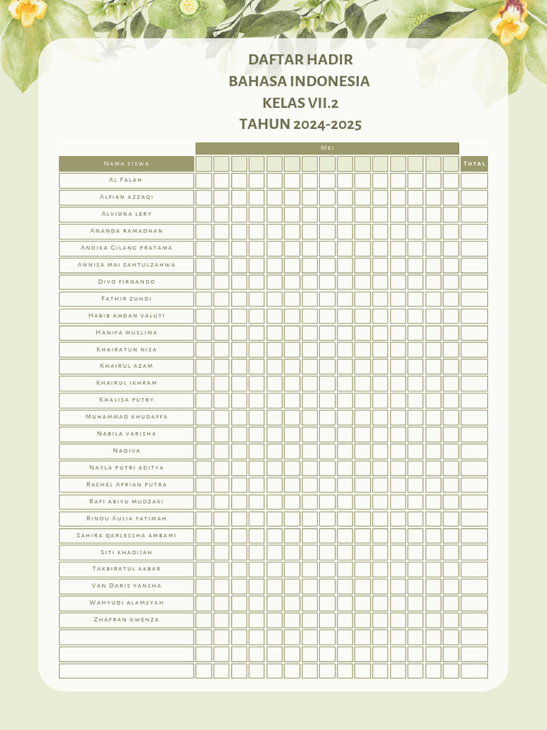 Attendance List in Green and Yellow Watercolor Floral Style - 20250110 ...