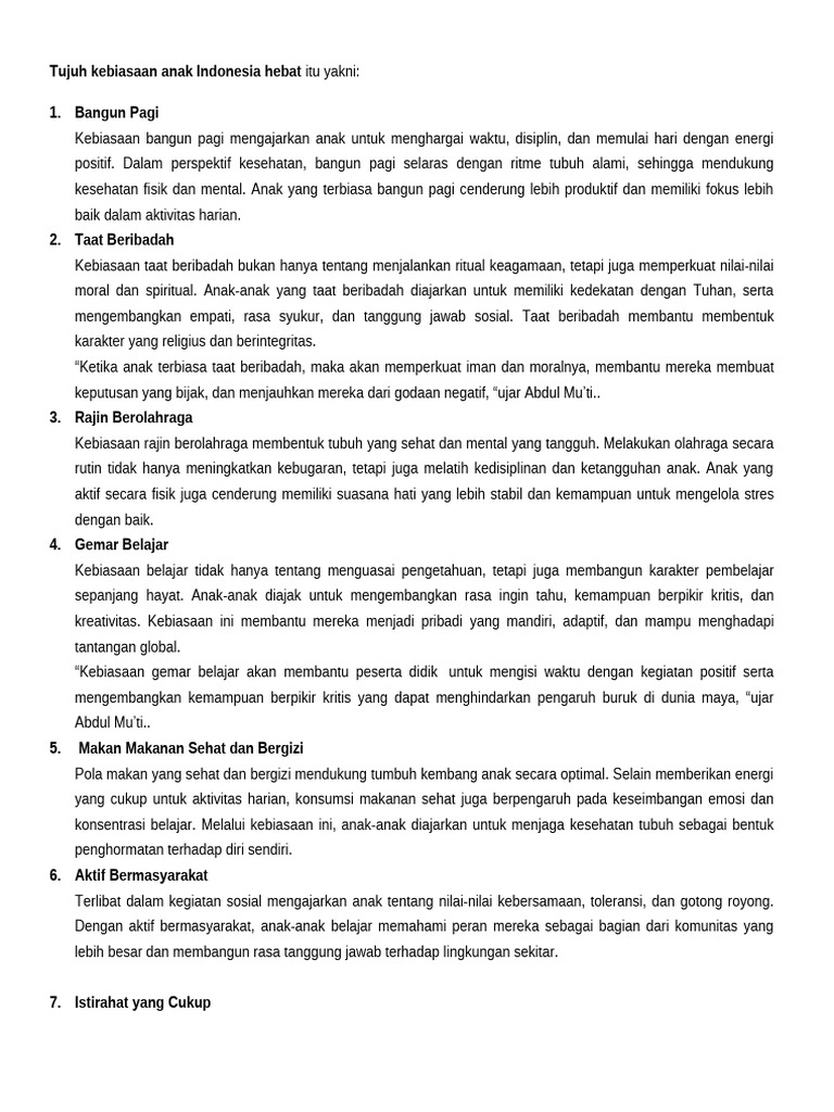 7 Kebiasaan Anak Indonesia Hebat | PDF