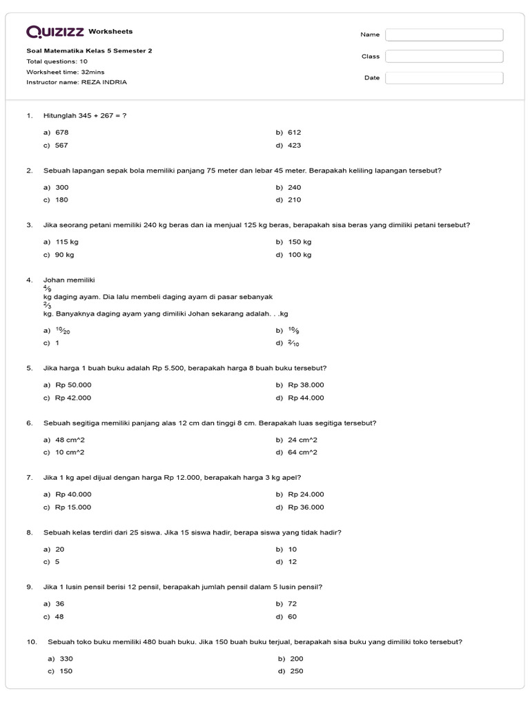 Soal Matematika Kelas 5 Semester 2 - Q5 | PDF