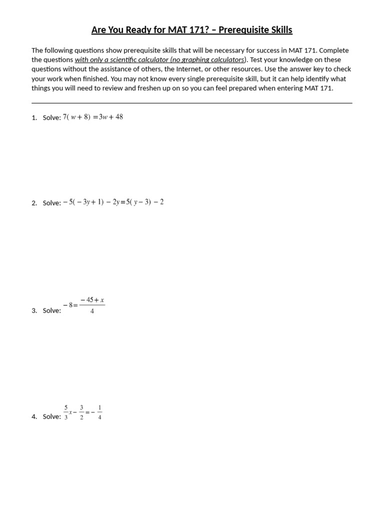 MAT171 Readiness Prerequisite Skills 1 | PDF | Function (Mathematics) | Inequality (Mathematics)