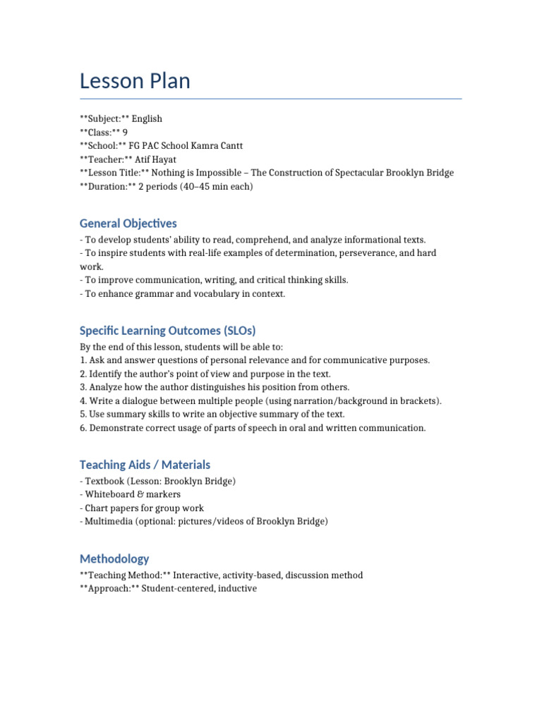 Brooklyn Bridge Lesson Plan for 9th Grade | PDF | Reading Comprehension ...