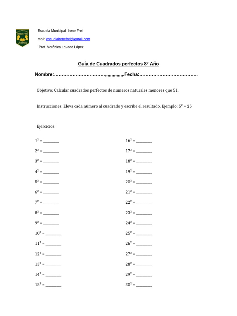 Guía de Cuadrados Perfectos 8° Año | PDF