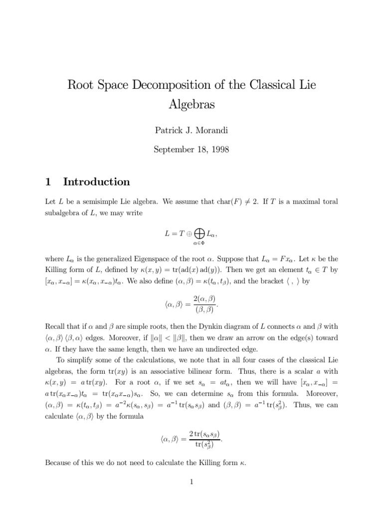 Morandi P. Root Space Decomposition of The Classical Lie Algebras | PDF