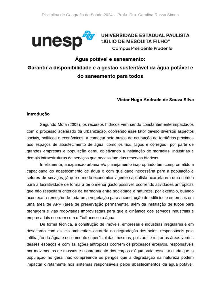 Victor Hugo Andrade de Souza Silva - ATIVIDADE 01 - GEOSAÚDE - Matutino | PDF | Geografia ...