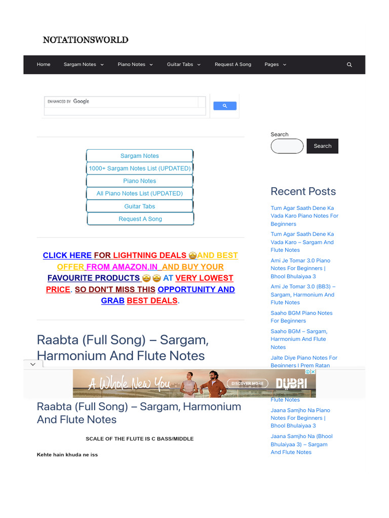 Raabta Song Sargam and Notes Guide | PDF