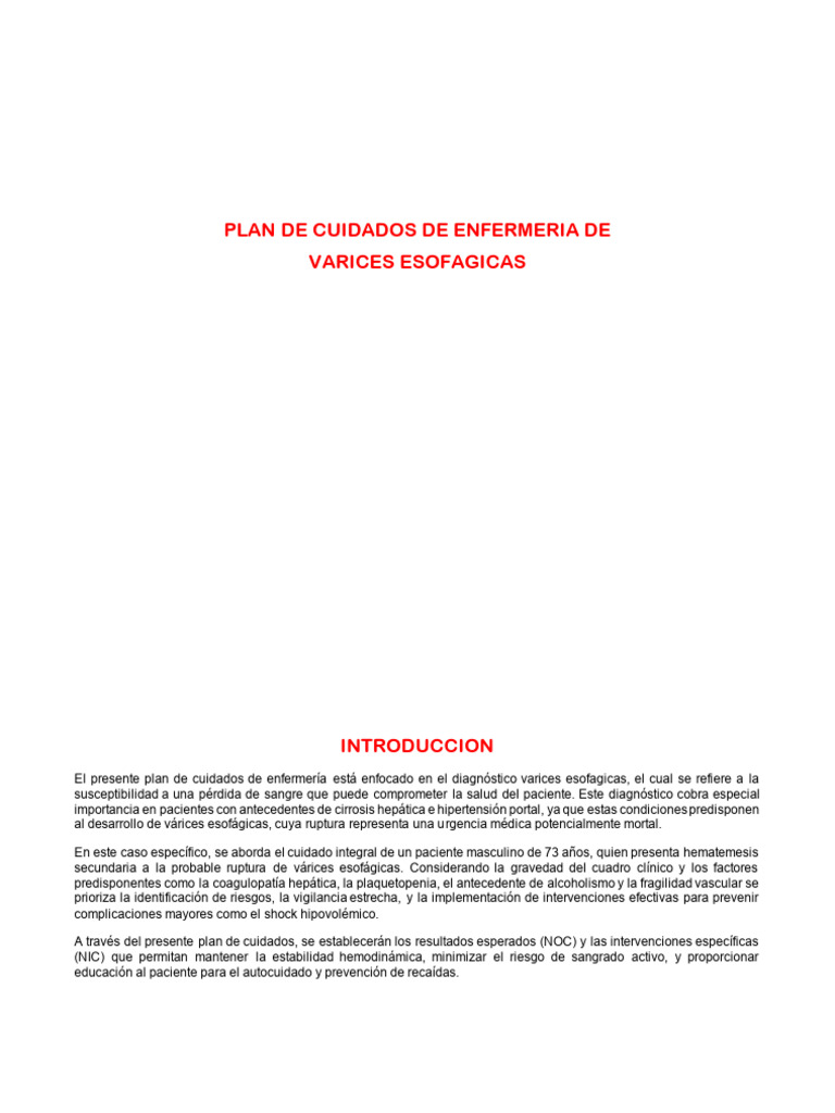 Plan de Cuidados para Várices Esofágicas | PDF | Cirrosis ...
