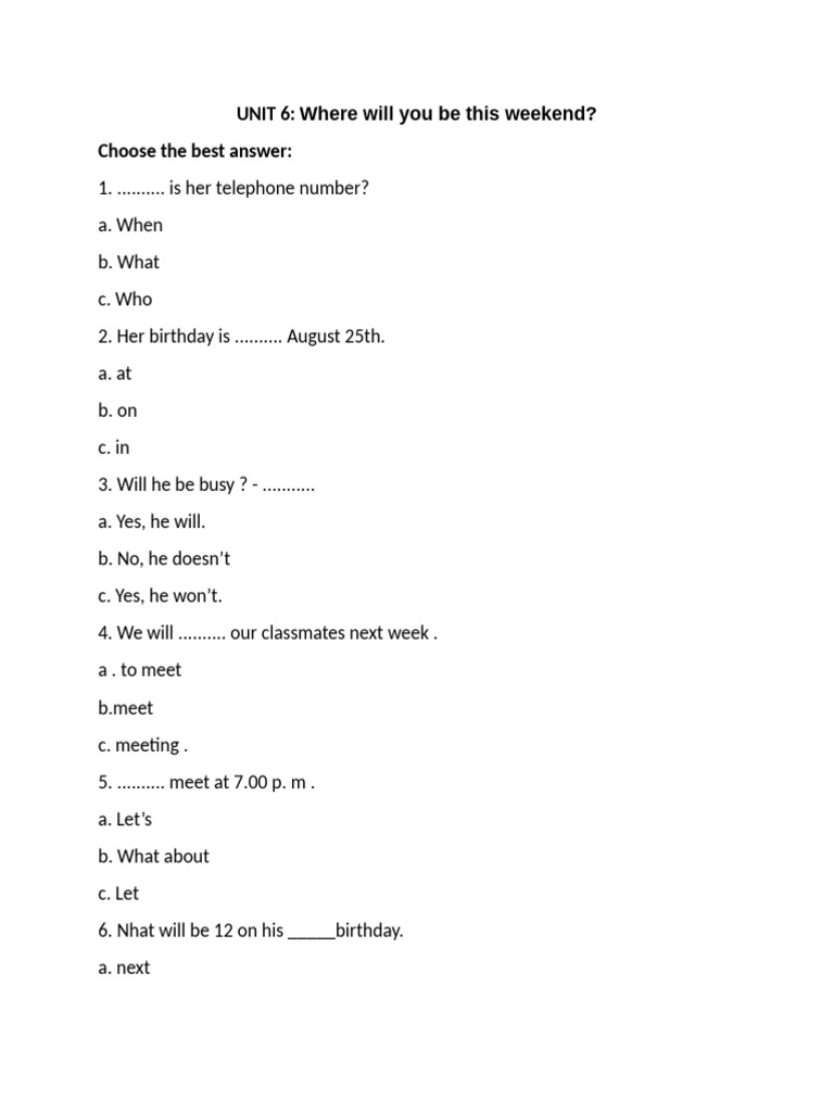 Weekend Plans: English Quiz Questions | PDF