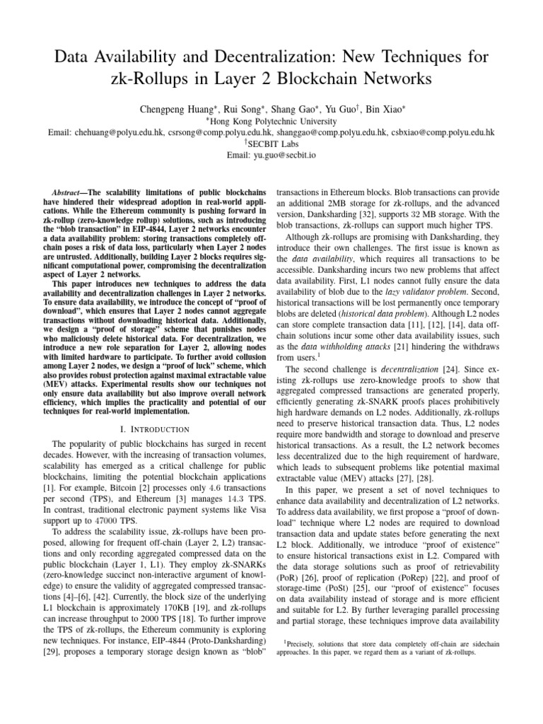 Data Availability and Decentralization New Techniques For Zk-Rollups in ...