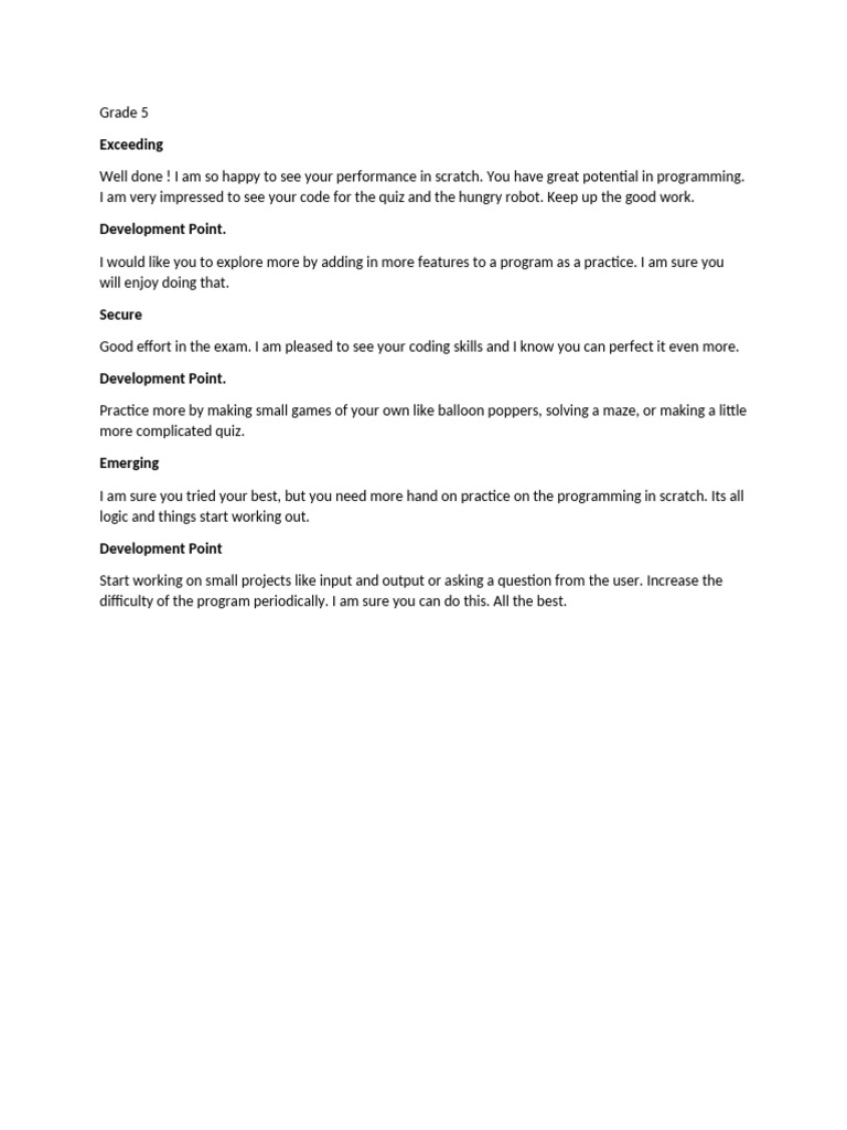 Grade 5 Scratch Programming Feedback | PDF
