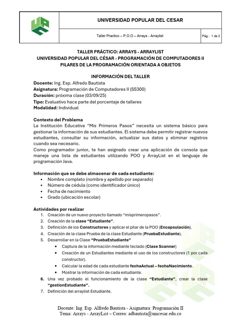 Taller 3 - Arraylist | PDF | Programación orientada a objetos | Java (lenguaje de programación)