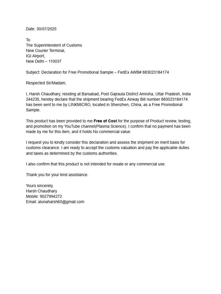 Declaration Latter - 1 | PDF