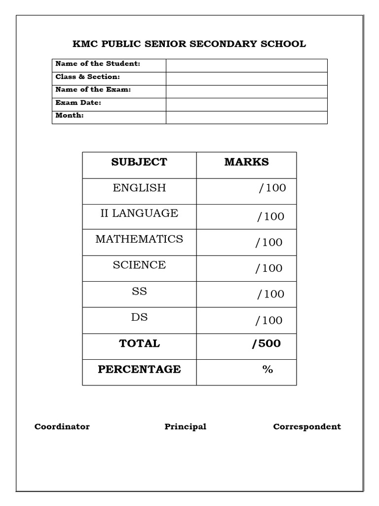 KMC School Exam Marks Sheet Template | PDF