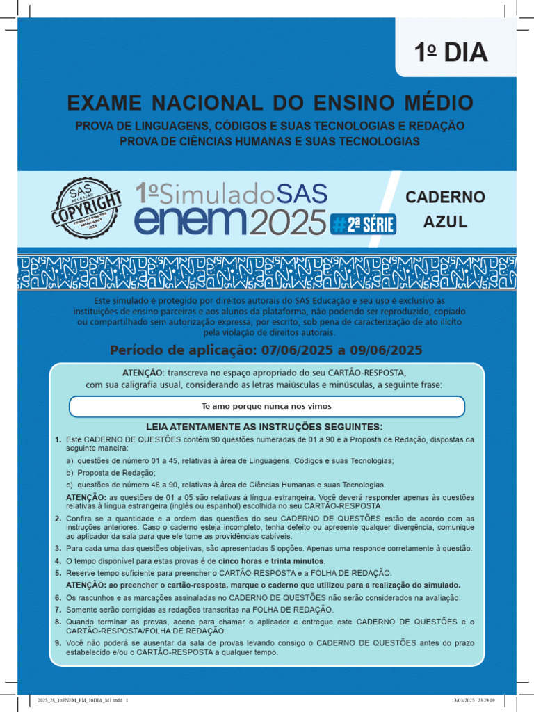 [PROVA] 1° Simulado SAS Enem - 2ª Série - 1º Dia_22-08-2025_19h21min | PDF