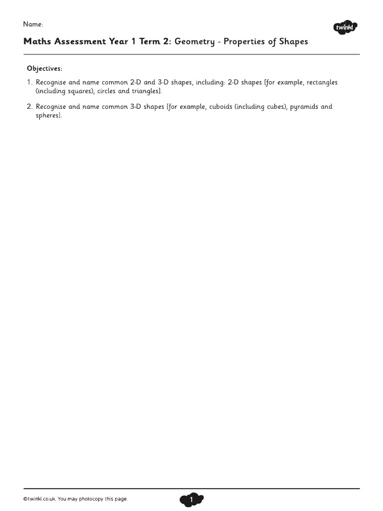 T N 4337 Year 1 Maths Assessment Geometry Term 2 | PDF
