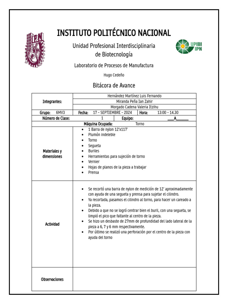 Bitácora de Laboratorio: Torno y Nylon | PDF
