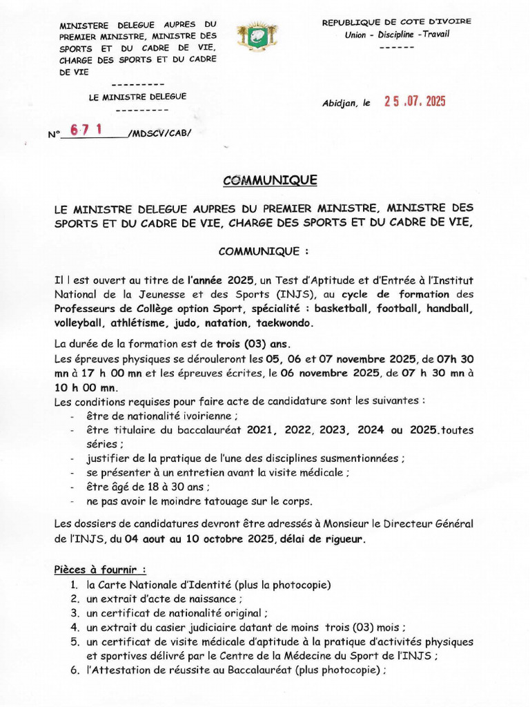 Communique Ouverture Concours Injs College | PDF