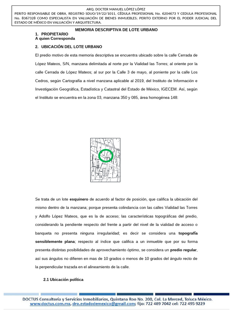 MEMORIA DESCRIPTIVA DE LOTE URBANO Las Torres | PDF | México ...