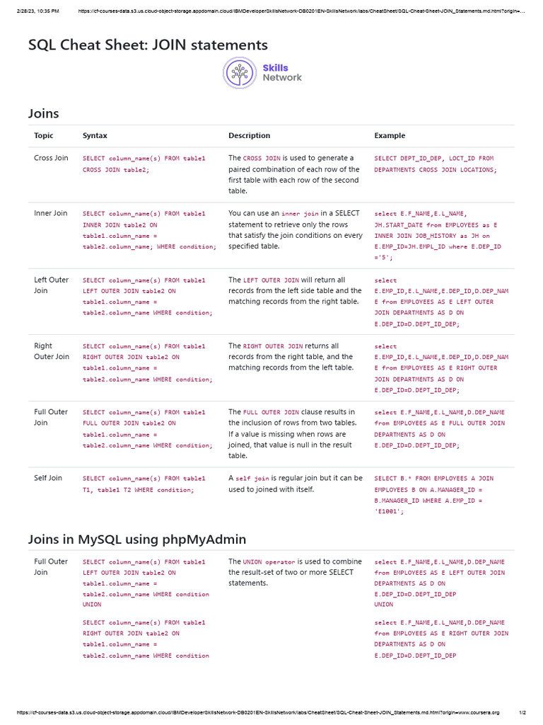 SQL Cheat Sheet JOIN Statements | PDF | Databases | Data Management Software