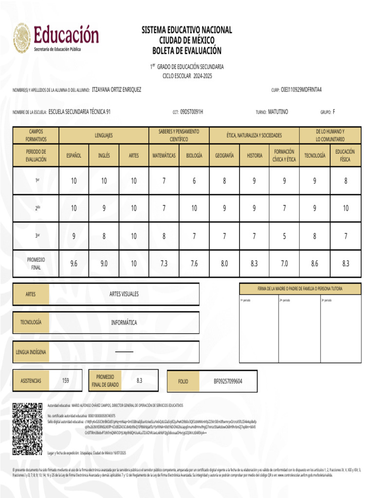 Boleta de Evaluación Secundaria 2024-2025 | PDF