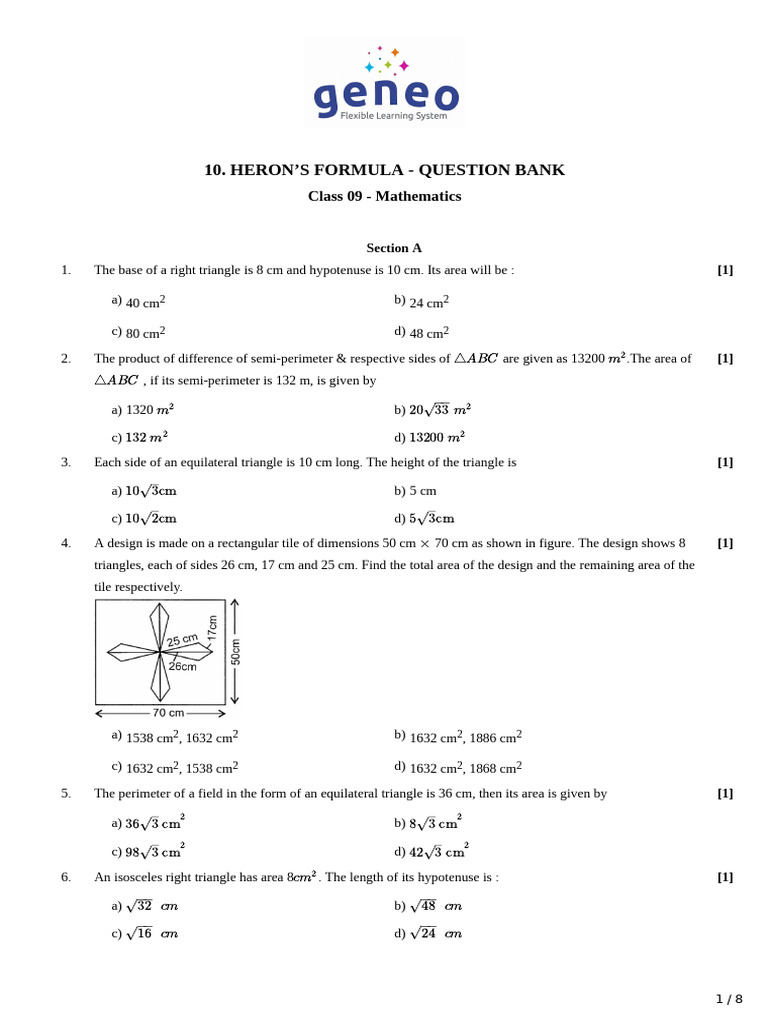 Heron's Formula Question Bank for Class 9 | PDF | Area | Triangle