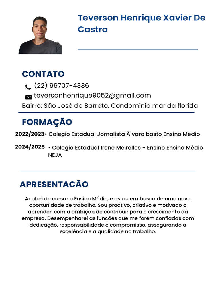 Currículo de Teverson Xavier: Ensino Médio | PDF