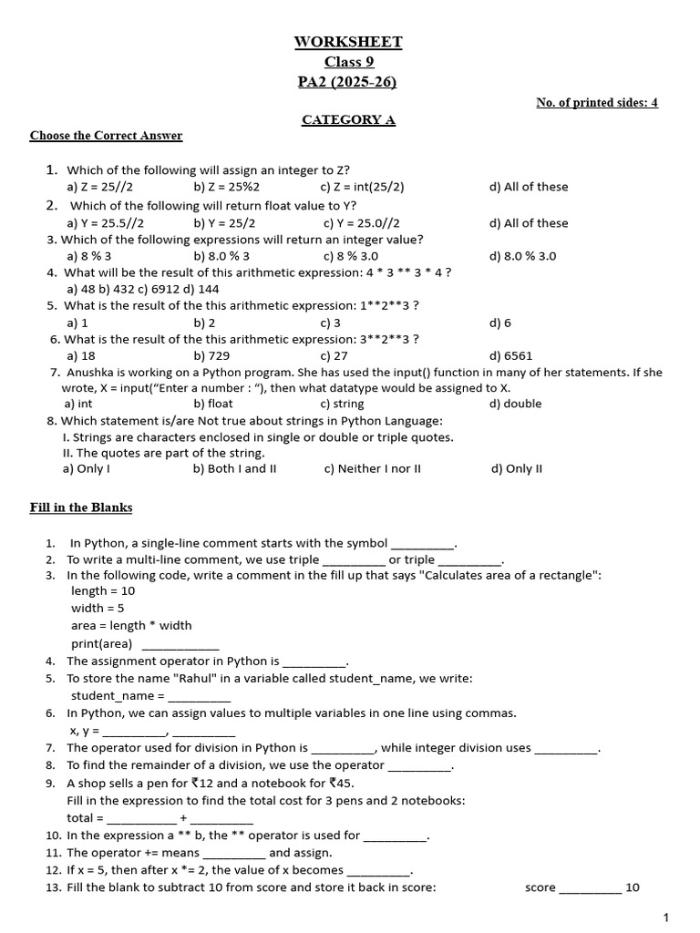 Class 9 Pa2 Worksheet 2025-26 | PDF | String (Computer Science) | Integer (Computer Science)