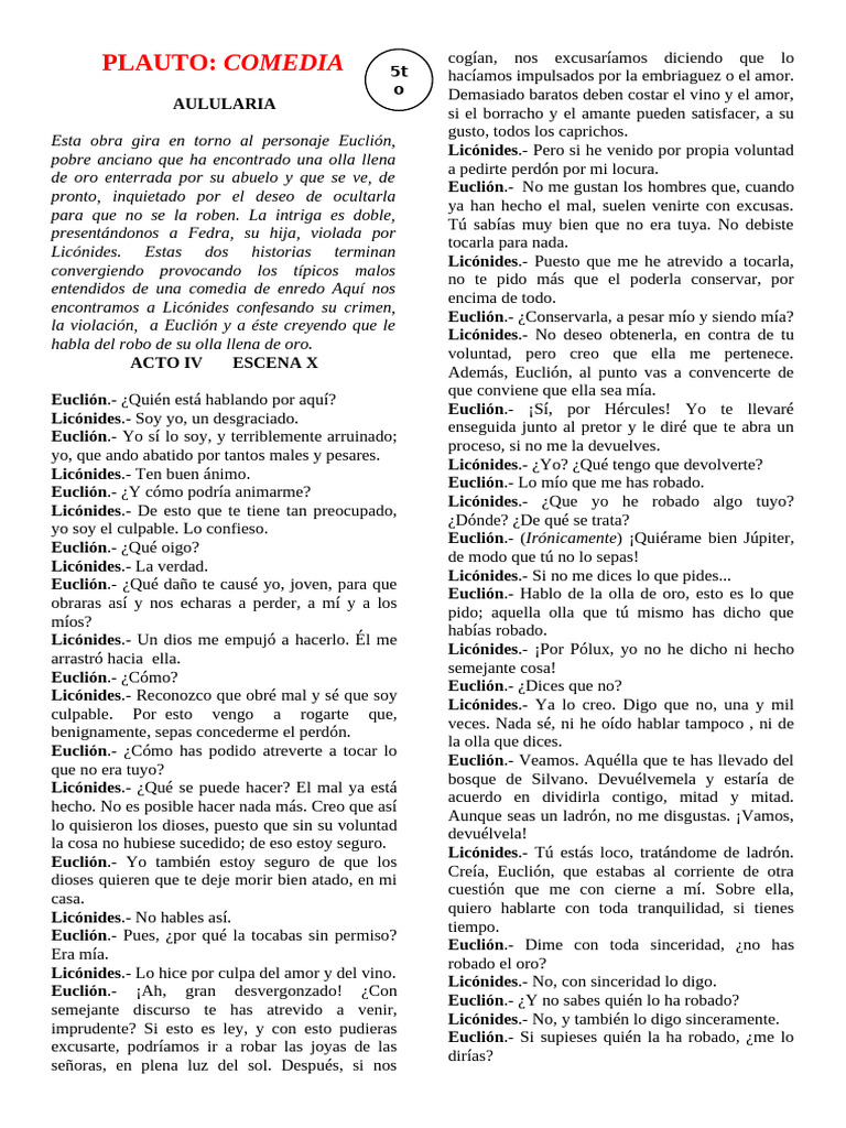 Comedia de Plauto: Aulularia y enredos | PDF