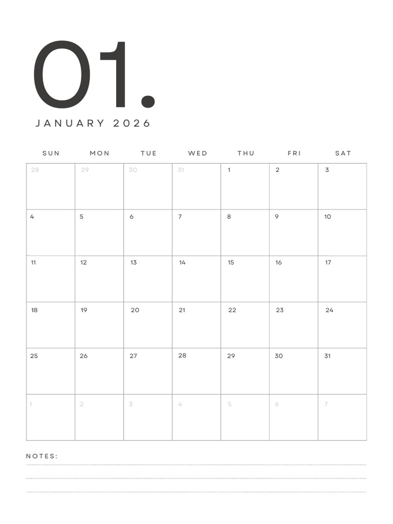 Black and White Simple Minimalist January 2026 Calendar A4 Document ...