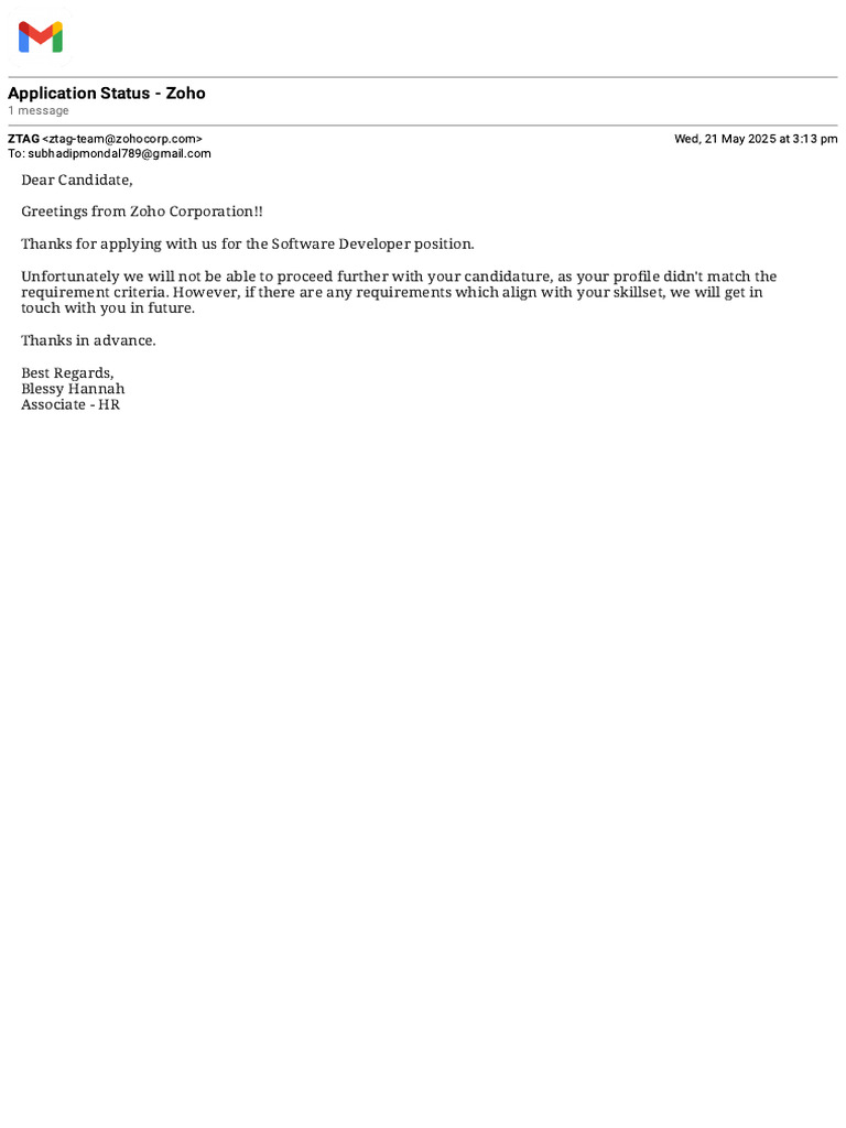 Gmail - Application Status - Zoho | PDF