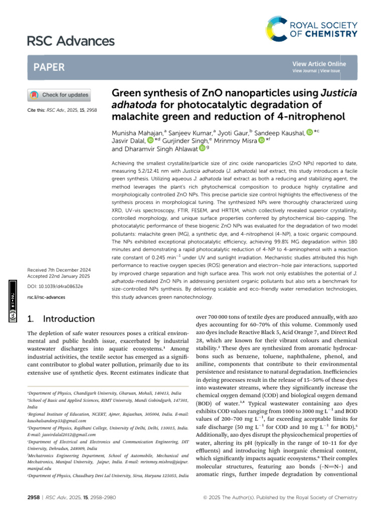 Green Synthesis of ZnO NPs for Water Remediation | PDF | Zinc Oxide | Redox