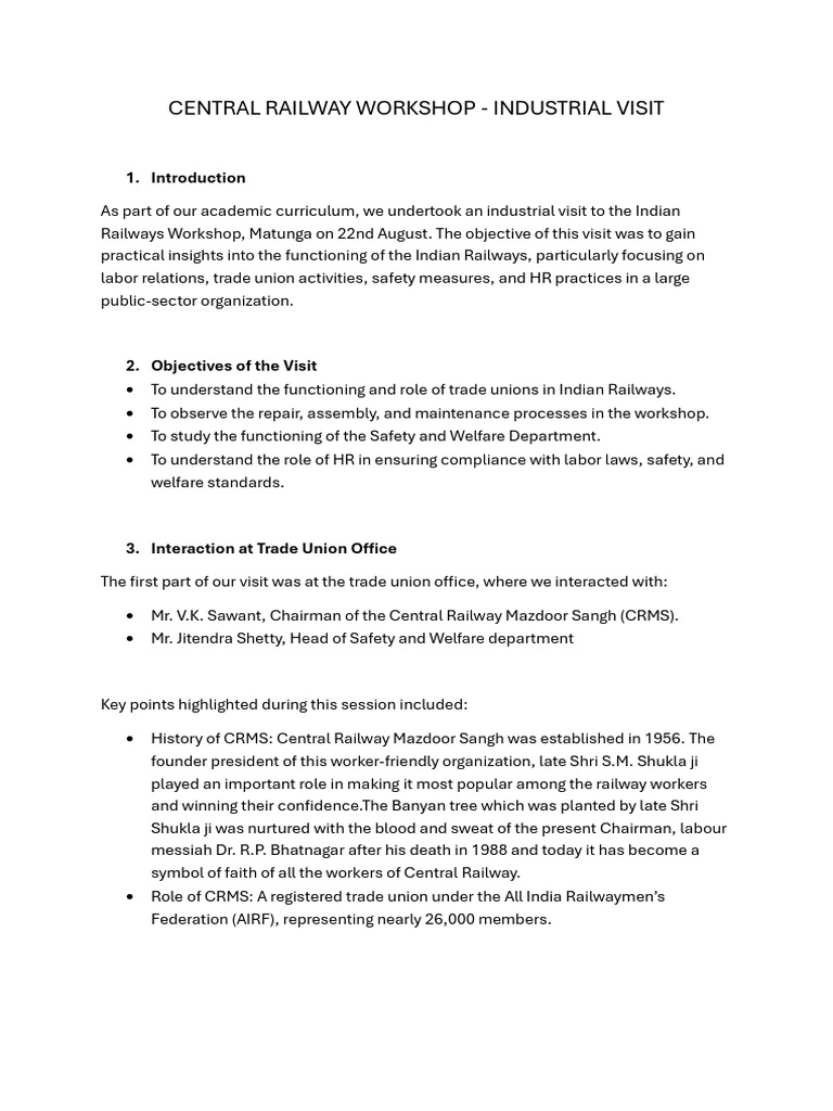 Industrial Visit to Central Railway Workshop | PDF | Employment ...