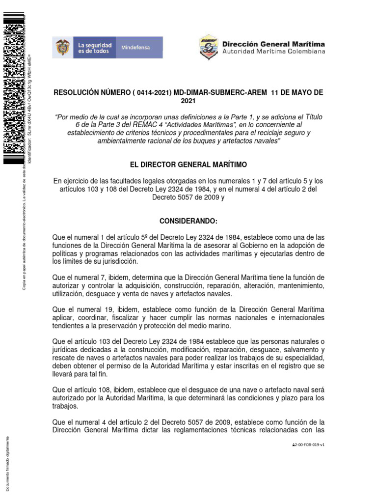 Resolucion (0414-2021) Reciclaje de Naves y Artefactos - 2 | PDF ...