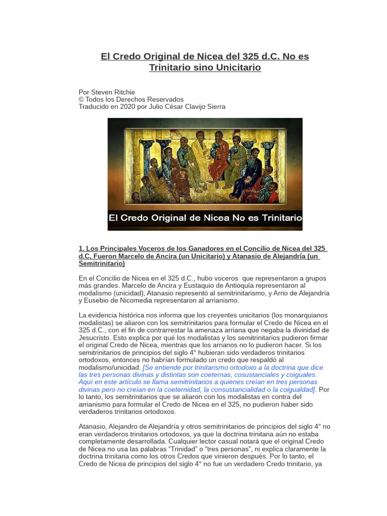 El Credo Original de Nicea Del 325 D.C. No Es Trinitario Sino ...