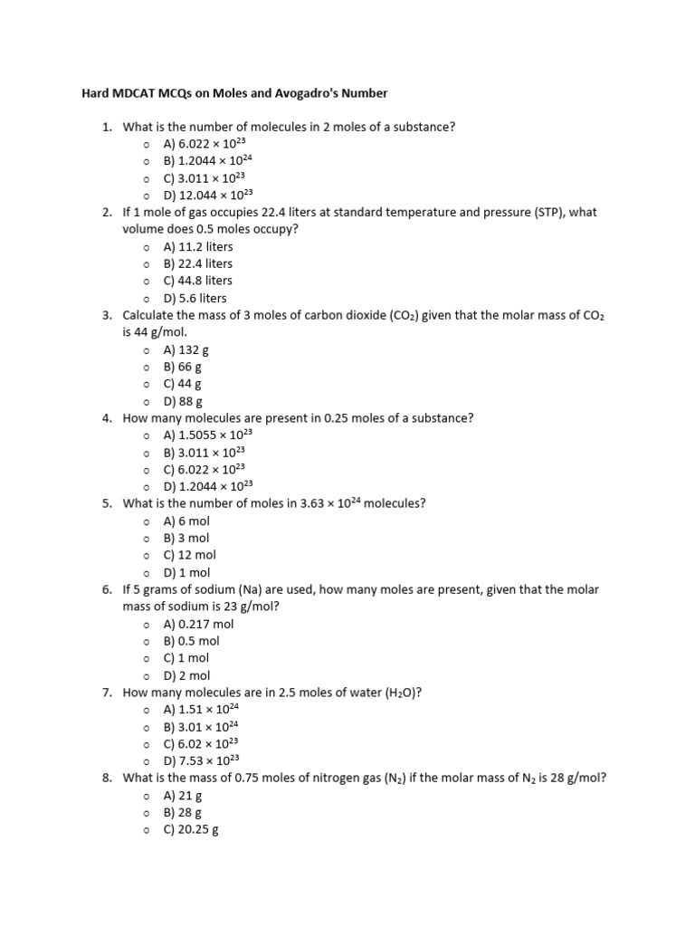 MDCAT MCQs on Moles & Reactants | PDF | Mole (Unit) | Stoichiometry