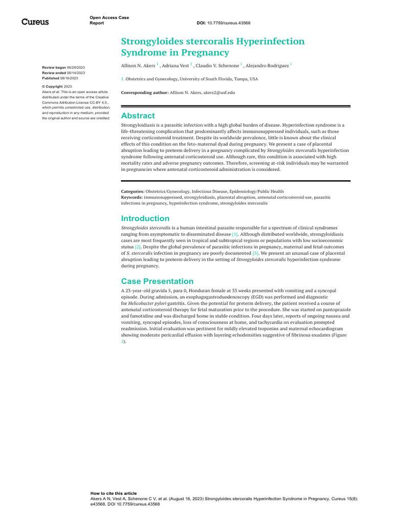 Strongyloides Stercoralis Hyperinfection | PDF | Childbirth | Preterm Birth