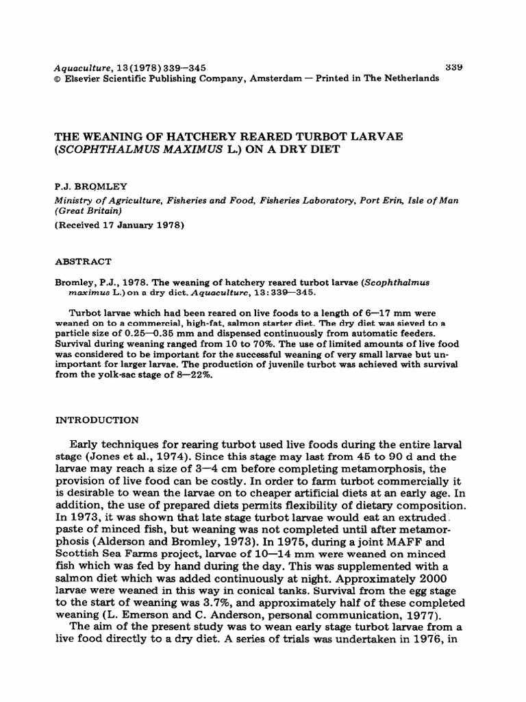 Bromley (1978) - The Weaning of Hatchery Reared Turbot Larvae | PDF | Water