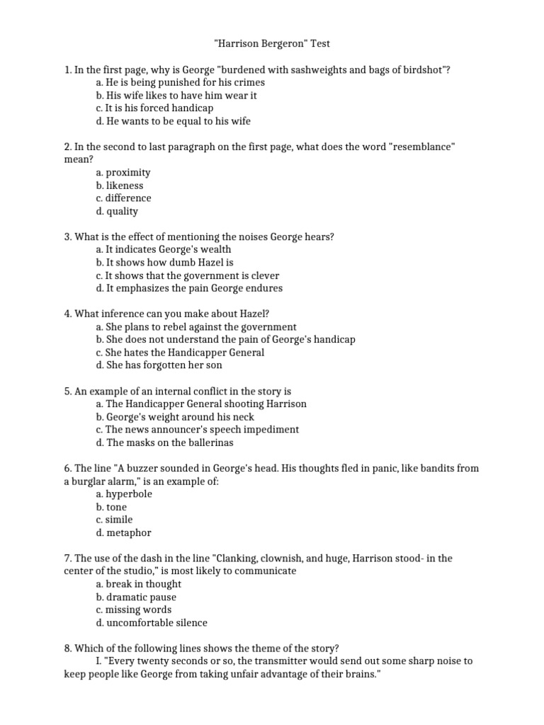 HarrisonBergeronShortStoryTest 1 | PDF