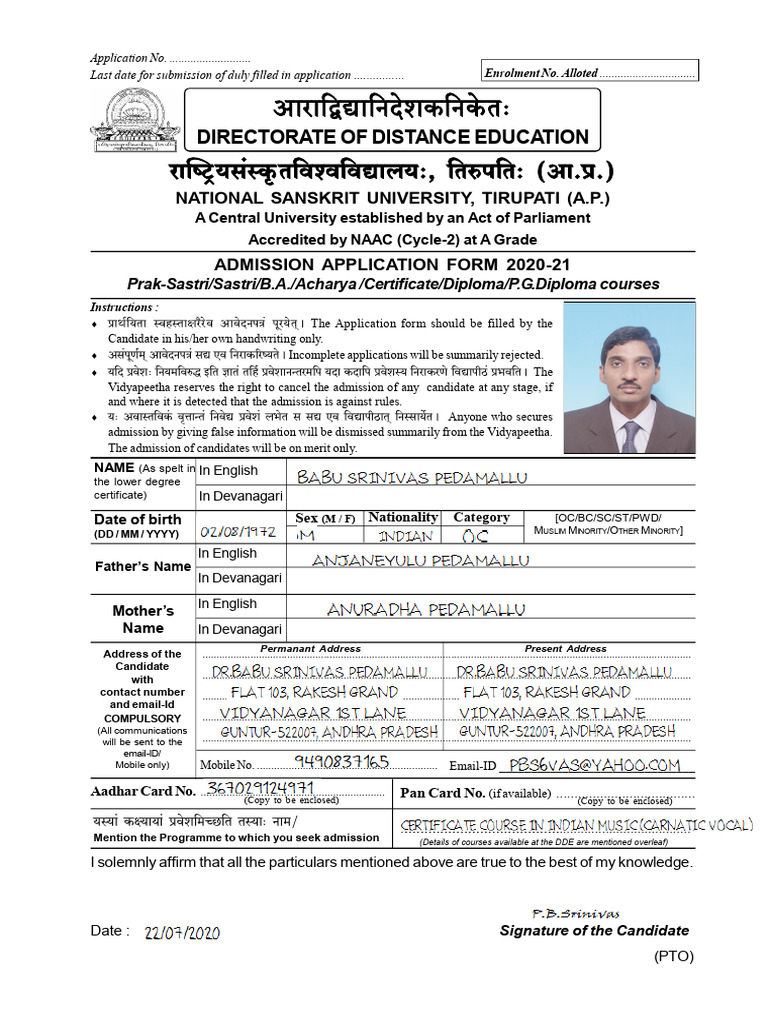 Hand Written Application & Docs Indian Music-Dr.P.B.srinivas | PDF ...