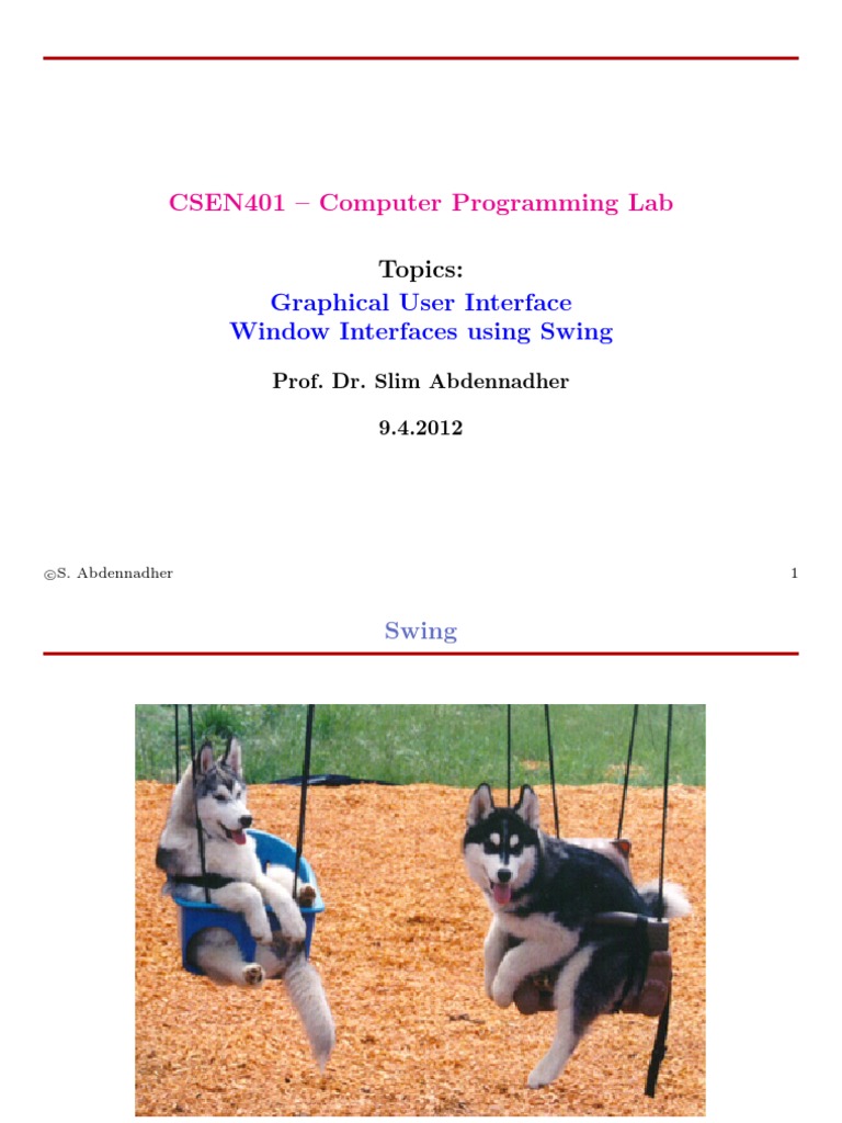 CSEN401 - Computer Programming Lab: Graphical User Interface Window Interfaces Using Swing | PDF ...