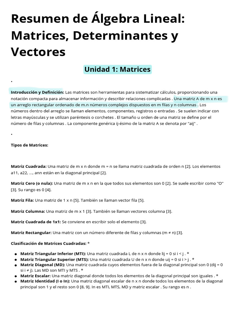 Resumen de Álgebra Lineal Matrices, Determinantes y Vectores PDF | PDF ...