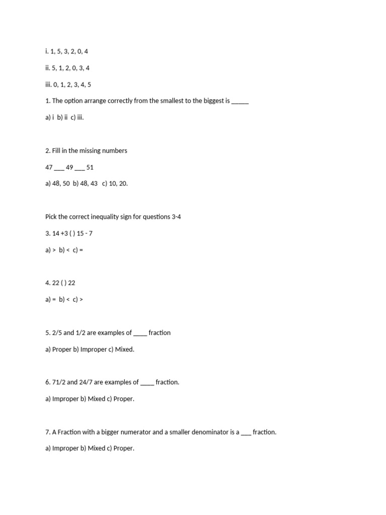 Math Quiz: Ordering & Fractions | PDF