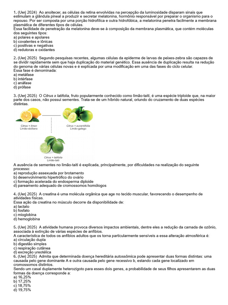 Vestibular Lista de Exercícios Biologia | PDF | Célula (Biologia) | Leite