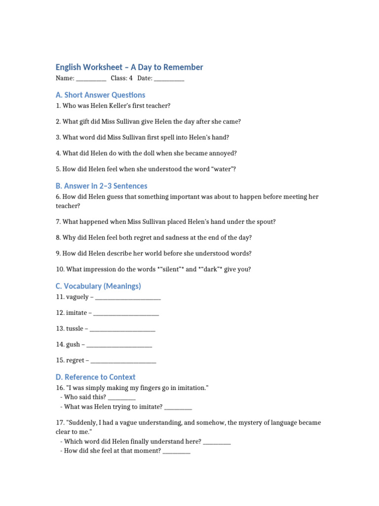 A Day To Remember Worksheet Class4 | PDF