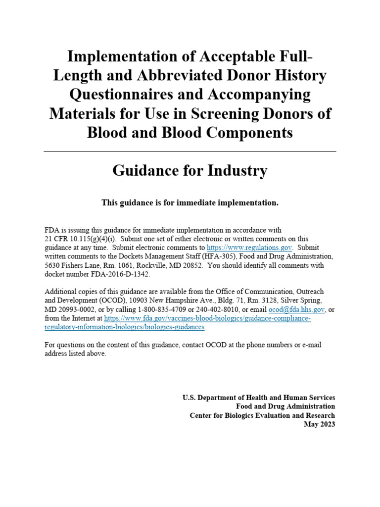 Donor History Questionnaire Guidance | PDF | Food And Drug ...