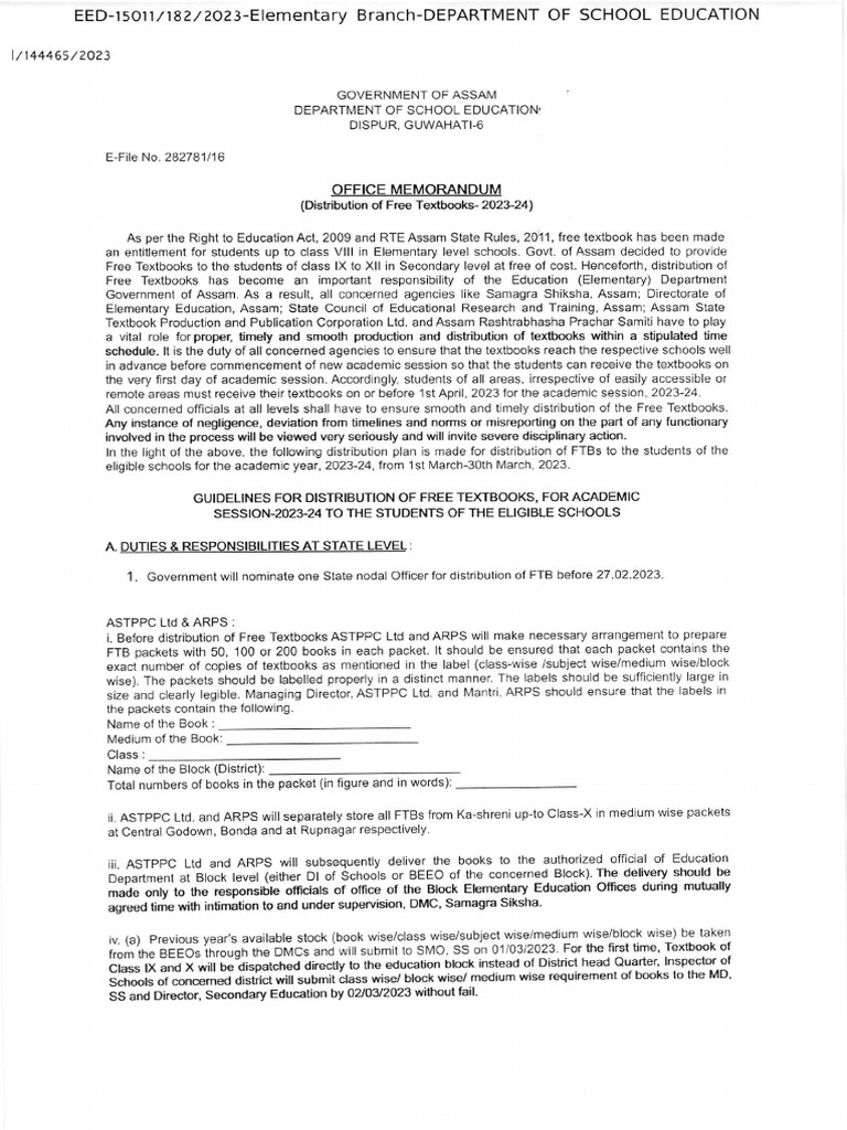 Office Memorandum Textbook Distribution 2023-24-0 | PDF
